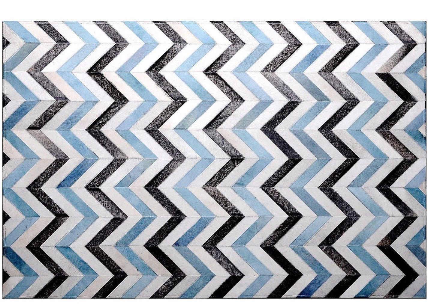 White Blue Black Rug in Luxurious Hand Sewn Cowhide Patchwork – Posh Rug